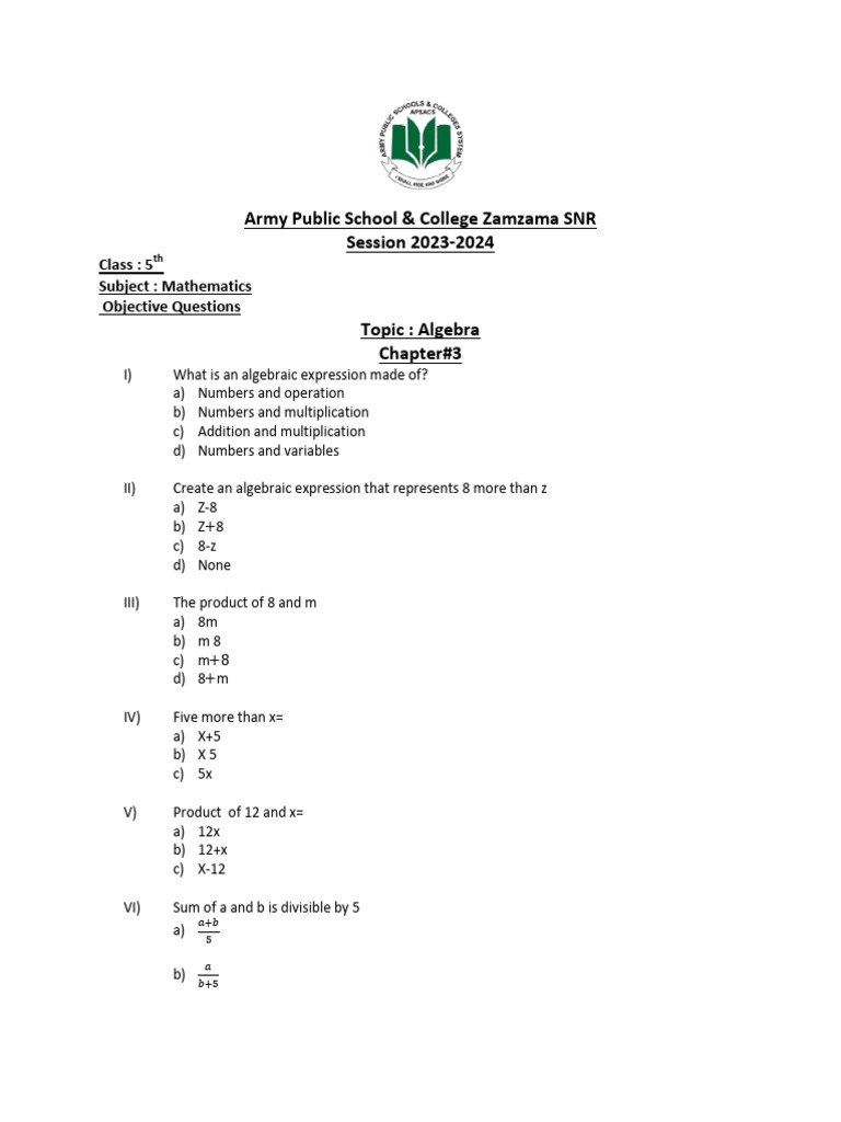 Objective of Algebra Class5 | PDF