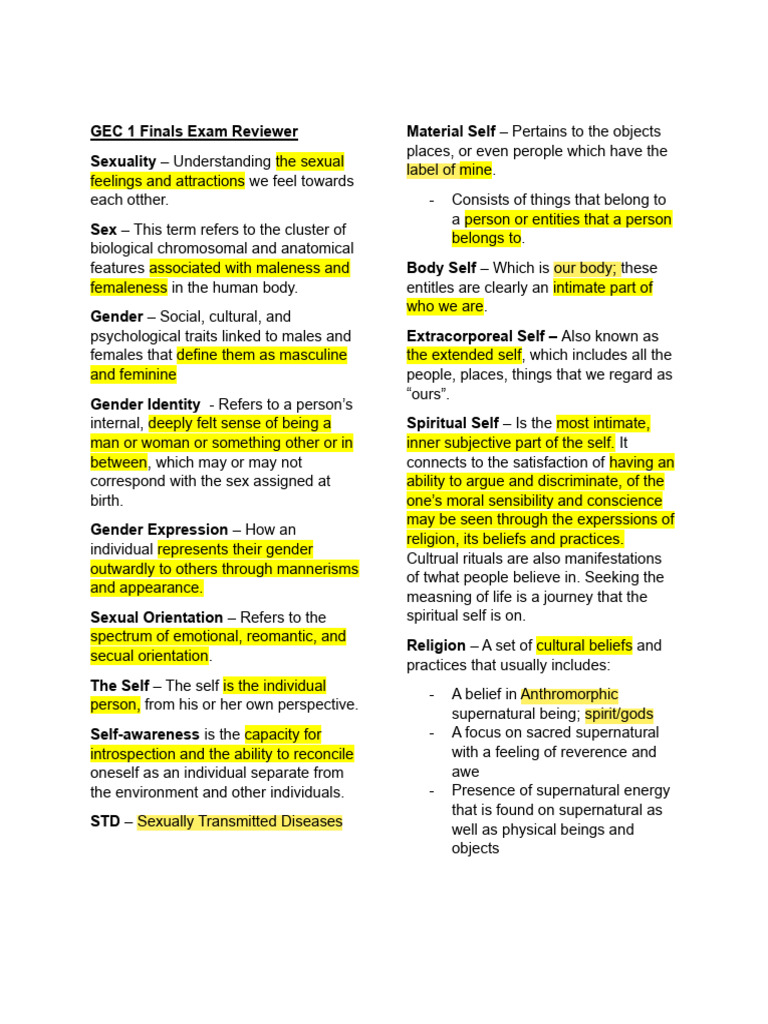 GEC 1 Finals Exam Reviewer | PDF | Gender | Gender Studies