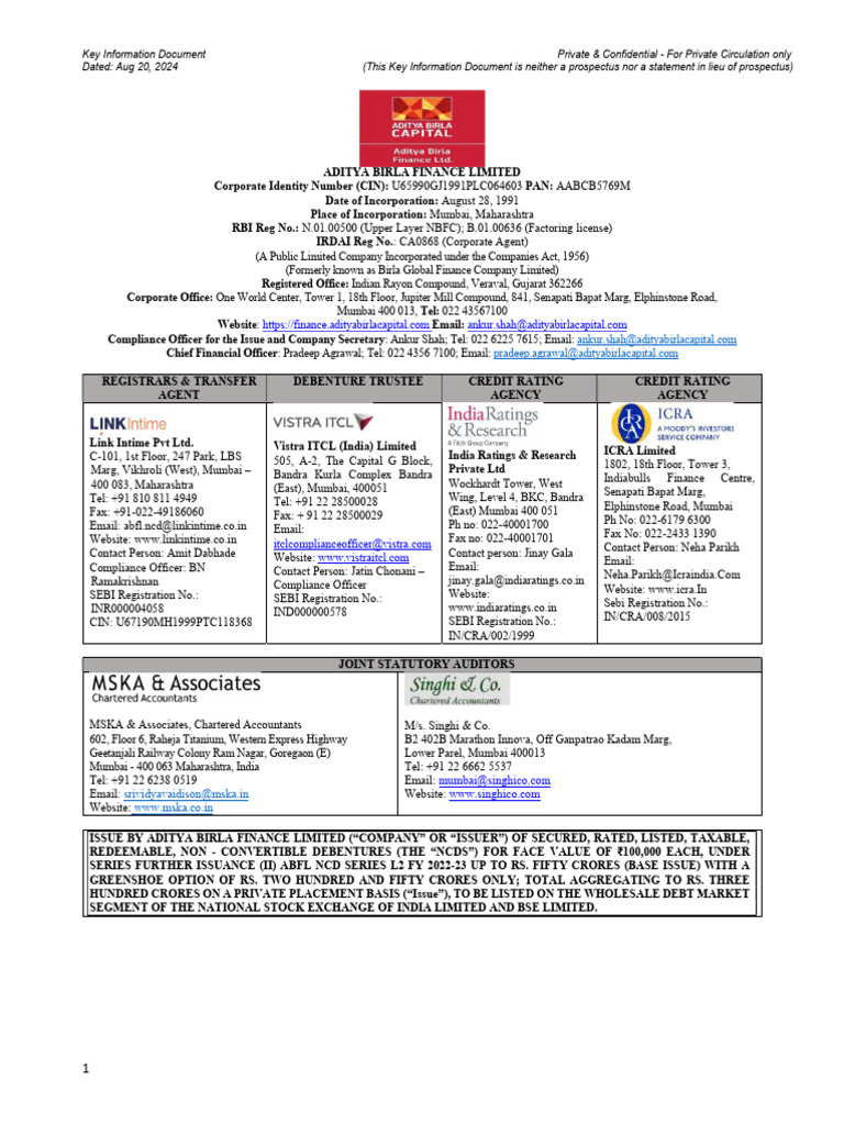 ABFL - KID - NCD - 20 Aug 2024 | PDF | Securities (Finance) | Investing