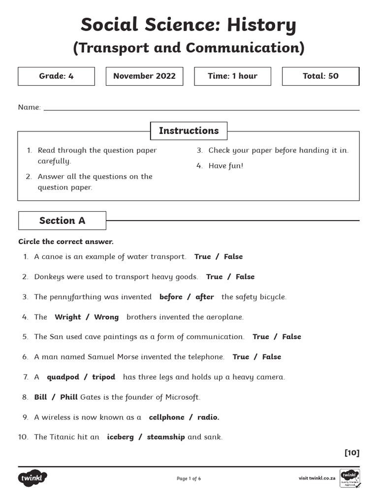 Social Science - History (Transport and Communication) Exam Paper | PDF ...
