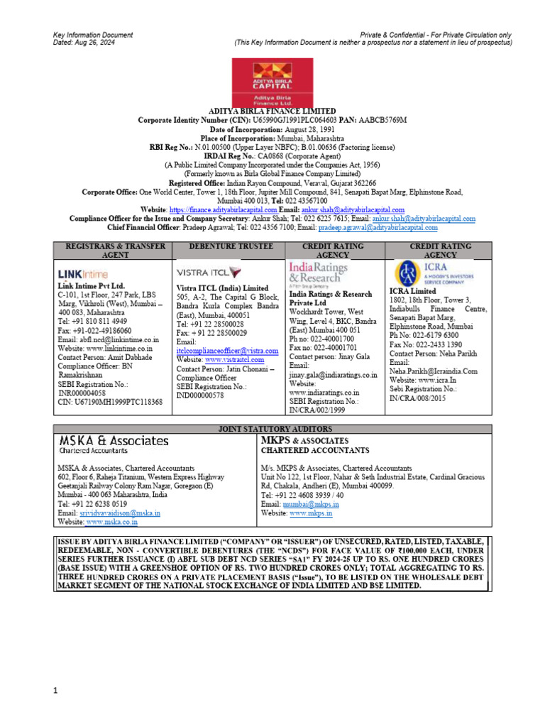 ABFL - KID - Sub Debt - 26 Aug 2024 Final PDF | PDF | Securities ...