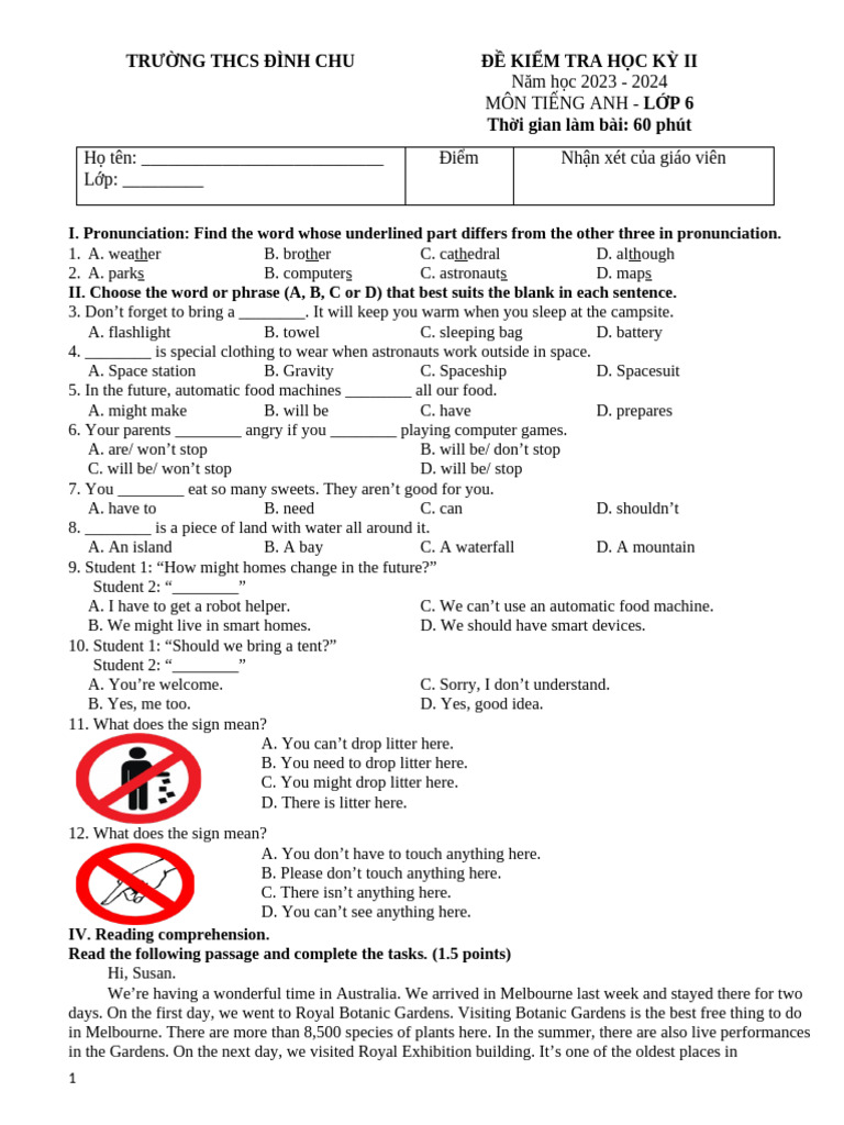 Đề KT HK2 TA6 Smart World | PDF
