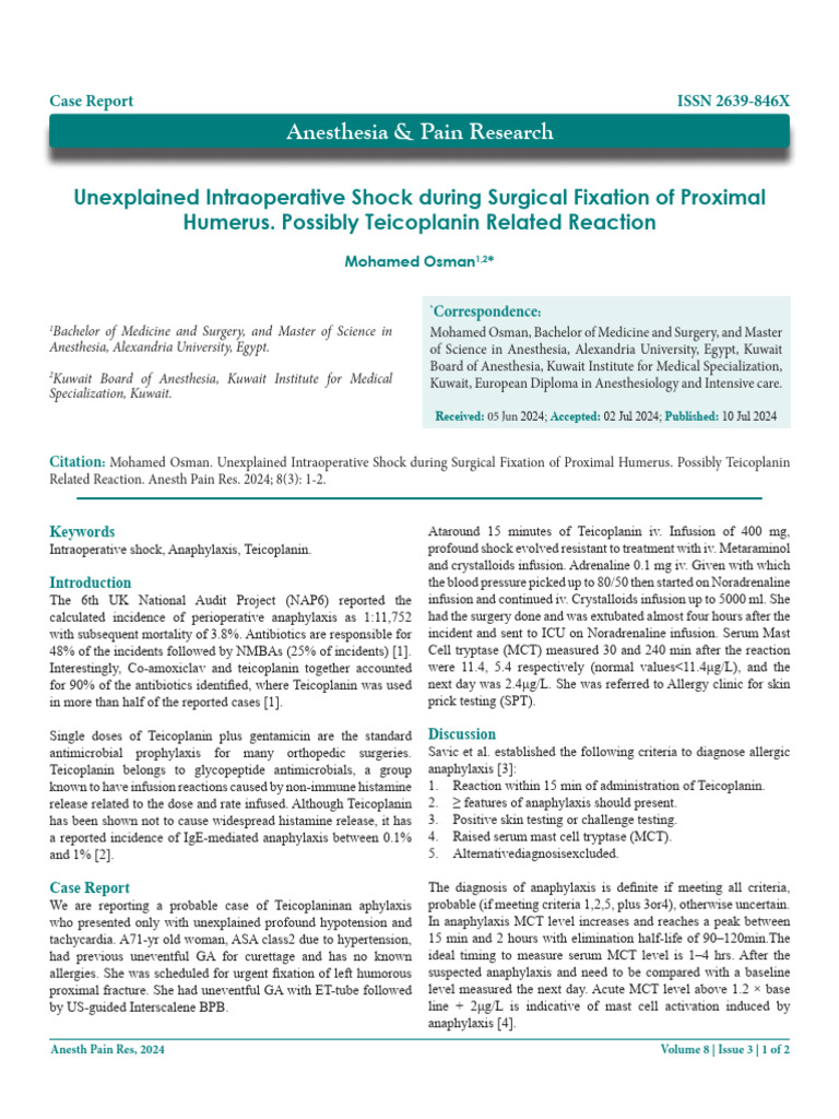 Unexplained Intraoperative Shock During Surgical Fixation of Proximal ...