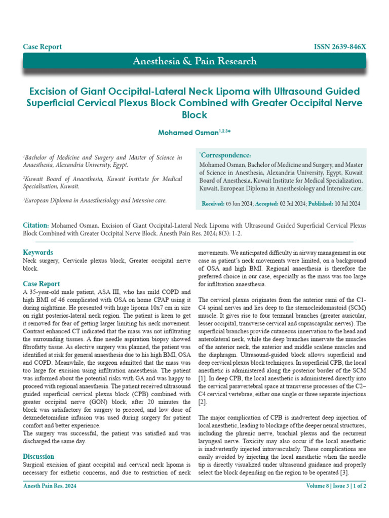 Excision of Giant Occipitallateral Neck Lipoma With Ultrasound Guided ...