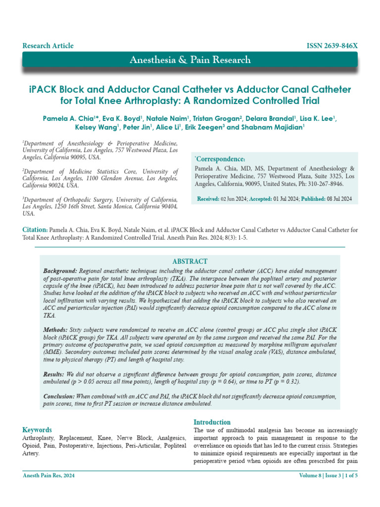 Ipack Block and Adductor Canal Catheter Vs Adductor Canal Catheter For ...
