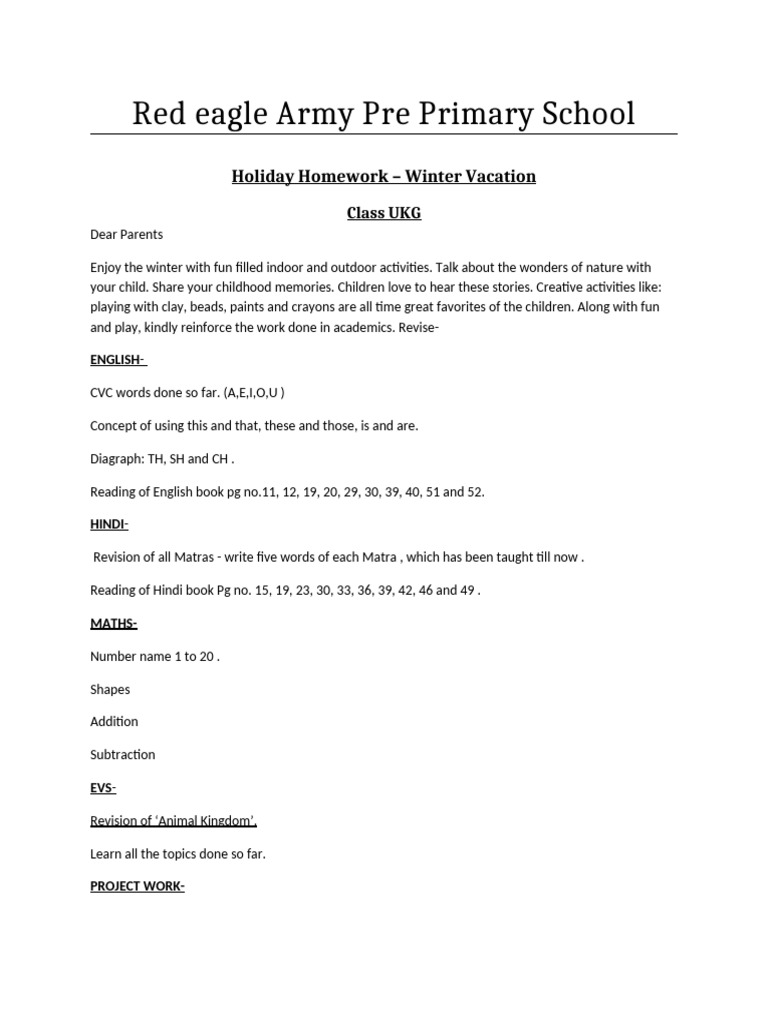 Red Eagle Army Pre Primary School Holiday Homework | PDF