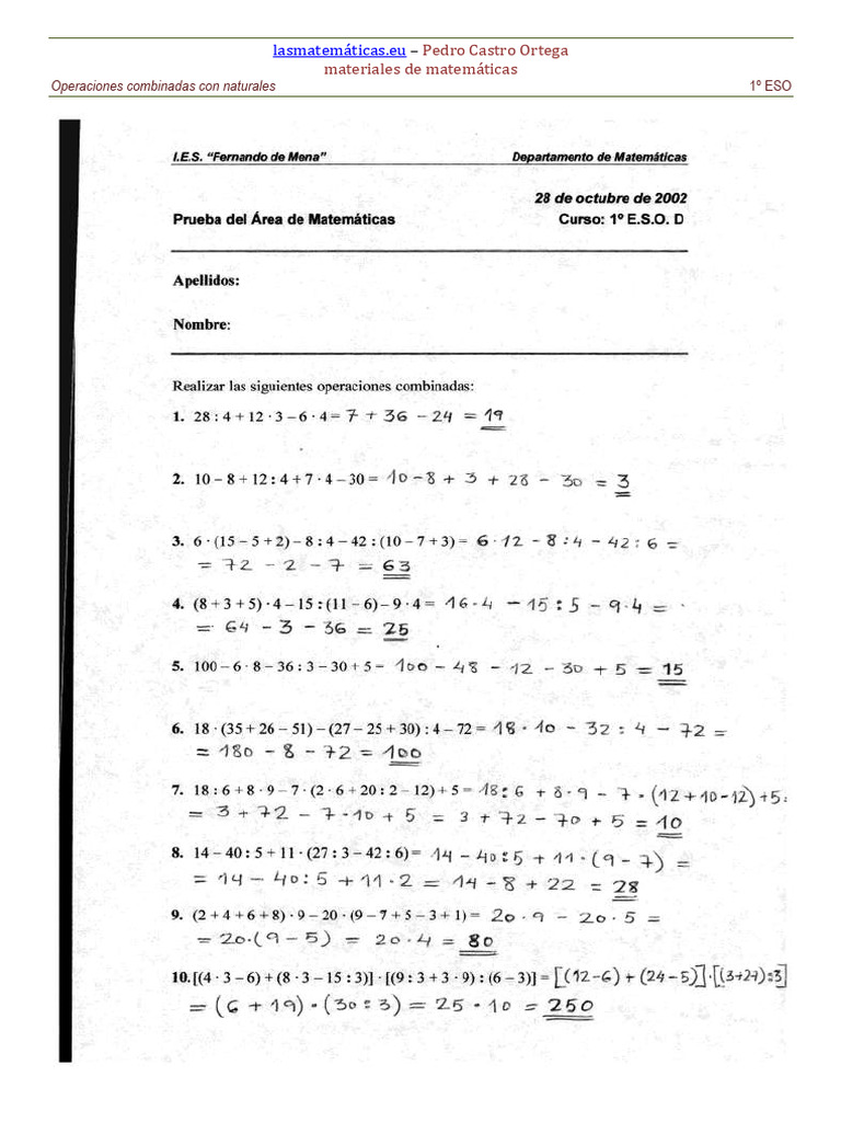 Soluciones Ejercicios Operaciones Combinadas 1 ESO | PDF