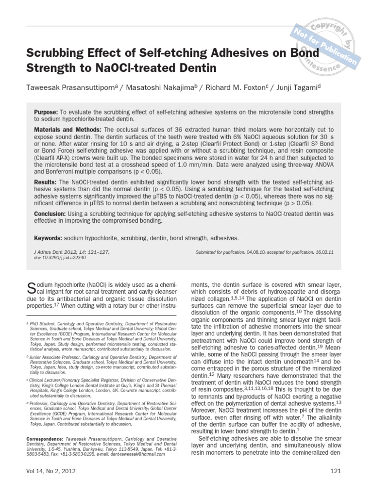 Scrubbing Effect of Self-Etching Adhesives On Bond - Strength To NaOCl ...