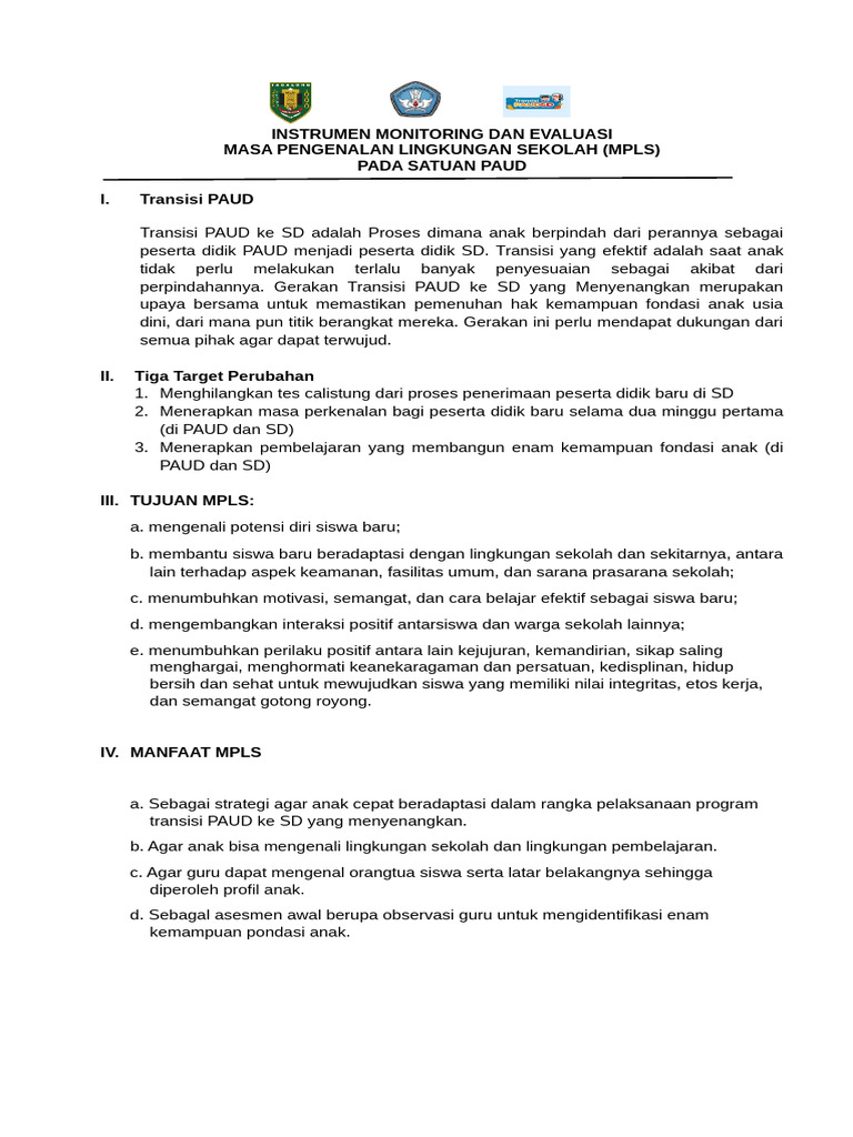 Instrumen Monev MPLS PAUD | PDF | Karier & Perkembangan
