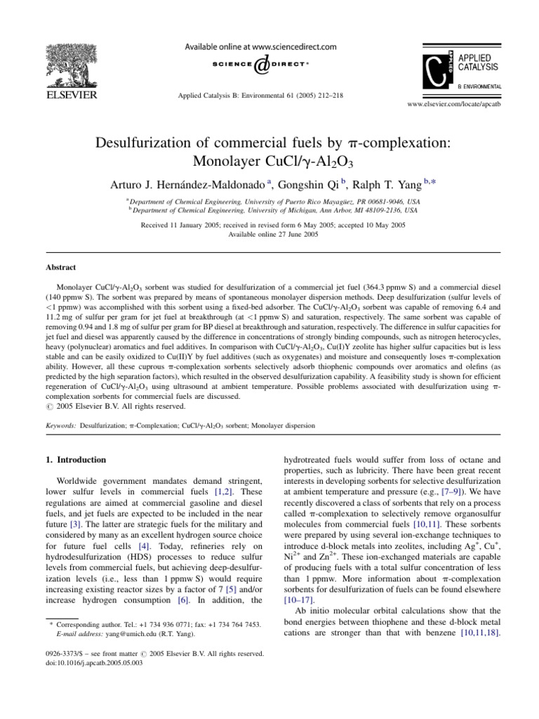 Desulfurization of Commercial Fuels by Π-complexation Monolayer CuCl ...