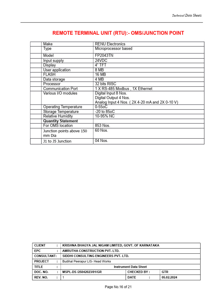 RTU Instrument Data Sheet Details | PDF
