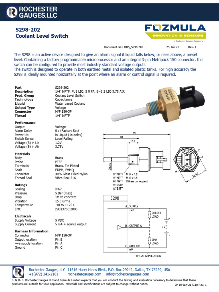 S298-202 Coolant Level Switch: Description Prod. Group Technology Liquid Output Type Connector ...