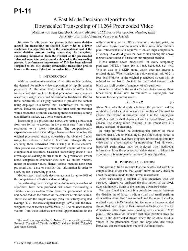 A Fast Mode Decision Algorithm For Downscaled Transcoding of H.264 ... A Fast Mode Decision Algorithm For Downscaled Transcoding of H.264 ...