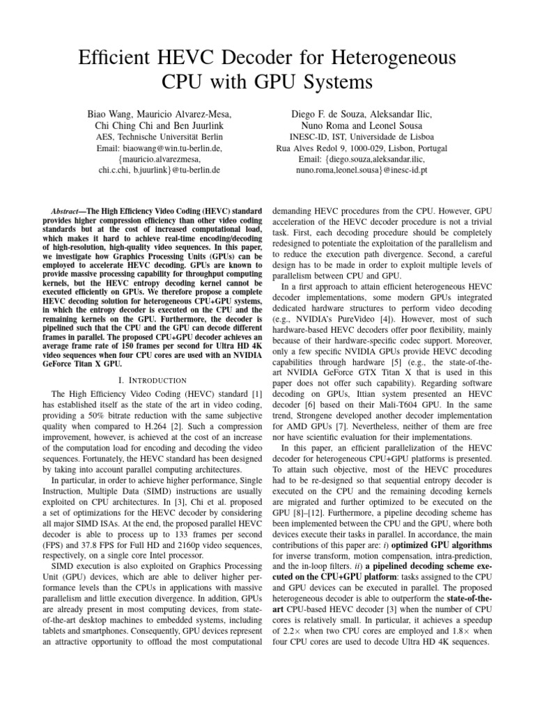 Efficient Hevc Decoder For Heterogeneous Cpu With Gpu Systems Pdf Graphics Processing Unit