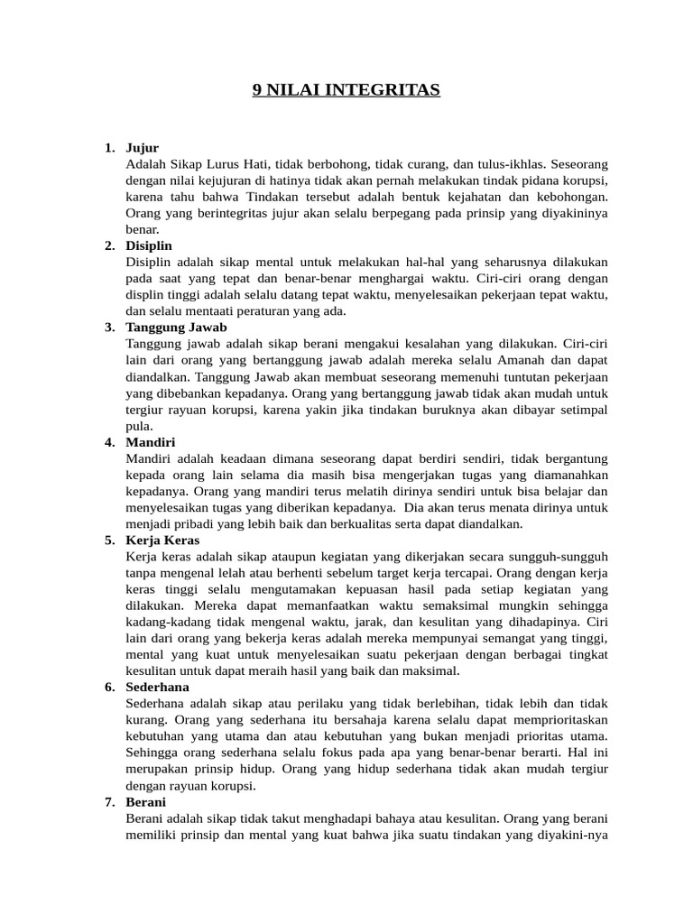 9 Nilai Integritas untuk Kehidupan Sehari-hari | PDF