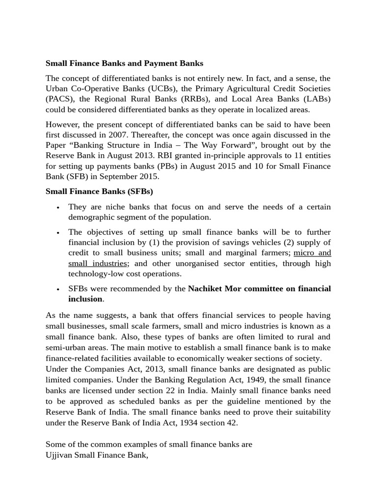 Small Finance Banks and Payment Banks | PDF | Banks | Banking