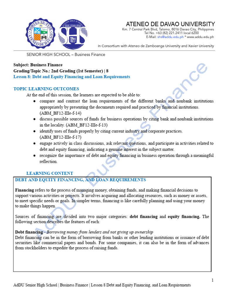 Lesson 8 - Debt and Equity Financing, and Loan Requirements | PDF ...