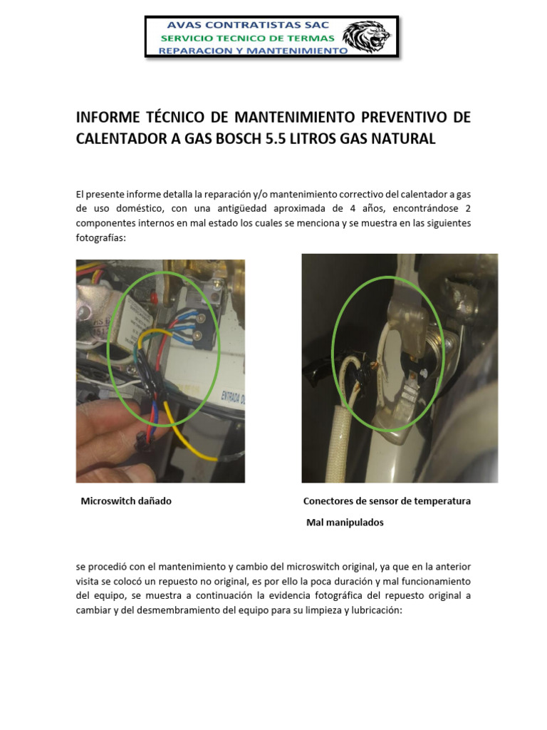 Informe Técnico de Mantenimiento Preventivo de Calentador A Gas Bosch 5 ...