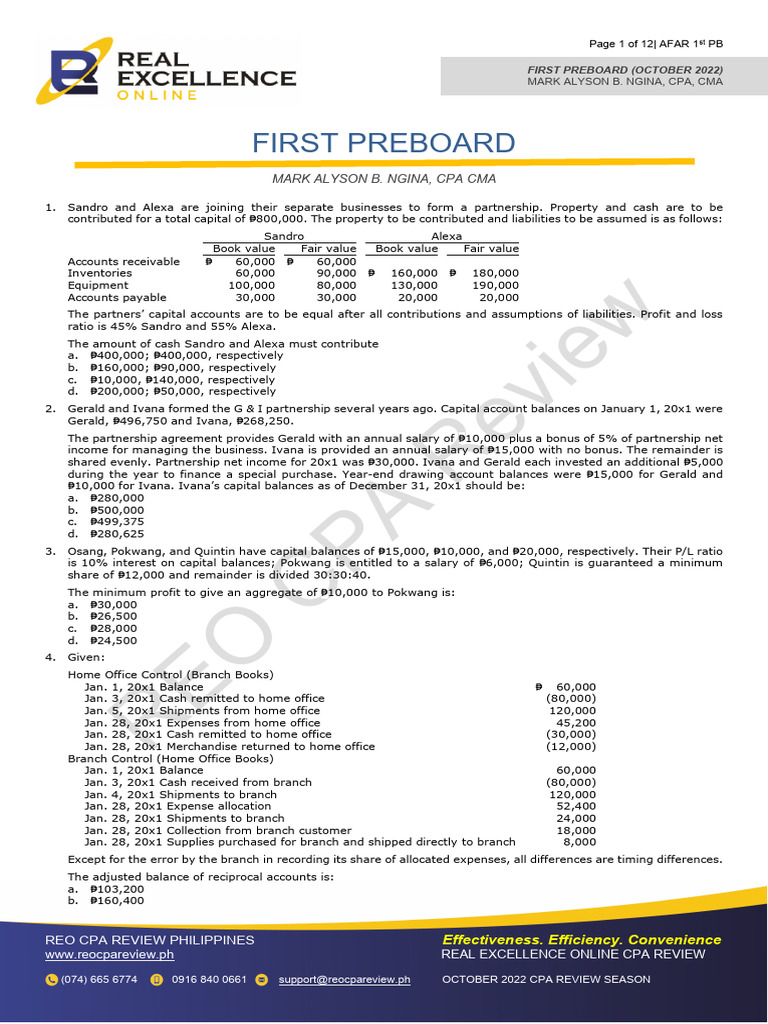AFAR 1st Preboard Examination | PDF | Exchange Rate | Equity (Finance)