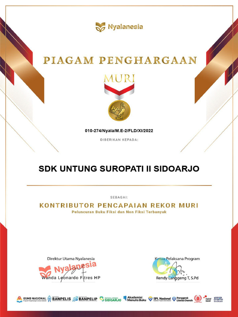 SDK Untung Suropati Ii Sidoarjo - E-Piagam Kontributor Muri Festival Literasi Sidoarjo 2022 | PDF