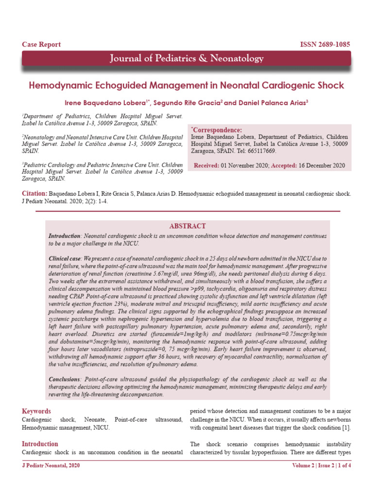 Hemodynamic Echoguided Management in Neonatal Cardiogenic Shock | PDF ...