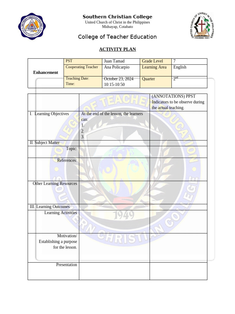 Activity Plan Matrix | PDF