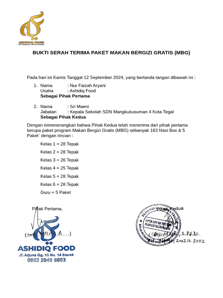 Bukti Serah Terima Paket Makan Bergizi Gratis | PDF