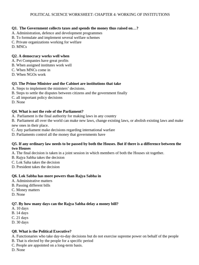 Political Science MCQ Worksheet-2 | PDF | Cabinet (Government ...