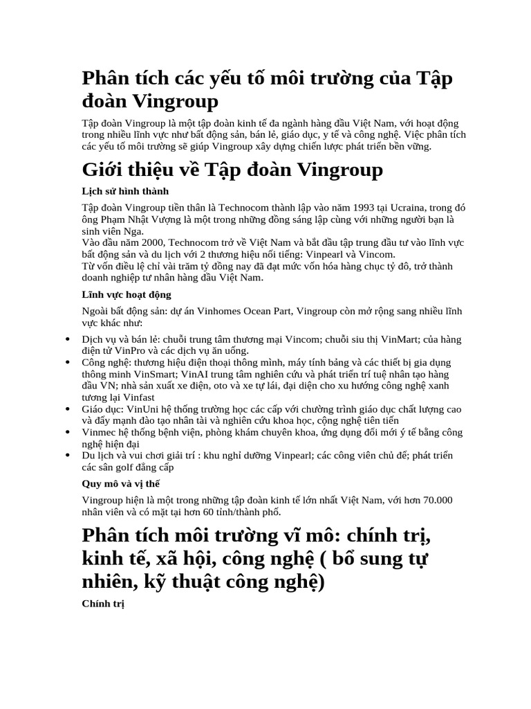 Phân tíchPhân tích các yếu tố môi trường của Tập đoàn Vingroupăă | PDF