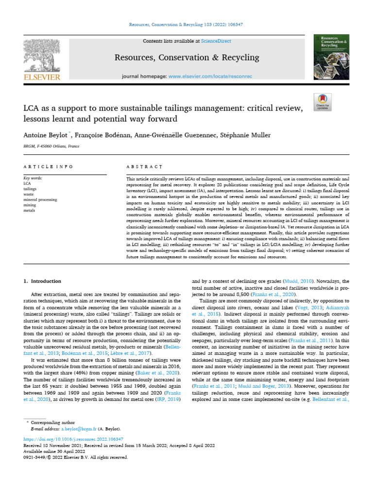 LCA As A Support To More Sustainable Tailings Management-Critical ...
