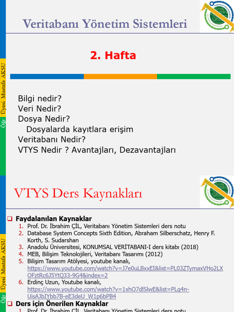 Bilgi, Veri Nedir - Dosya Nedir - Veritabanı Nedir - VTYS Nedir | PDF