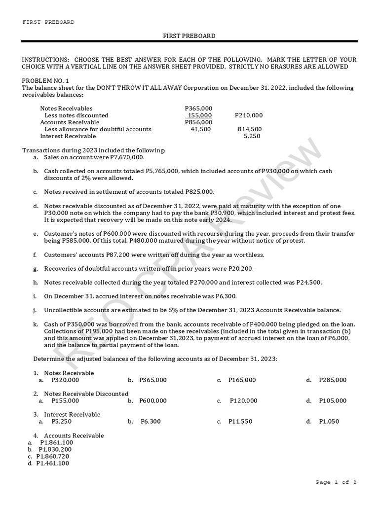 AP 1st Preboard Examination | PDF | Banks | Book Value
