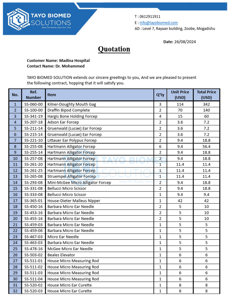 Madina Hospital ENT Instruments Quotation | PDF