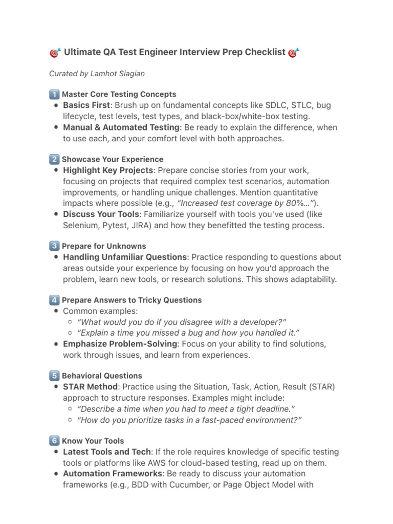 Ultimate QA Test Engineer Interview Prep Checklist | PDF | Cognition
