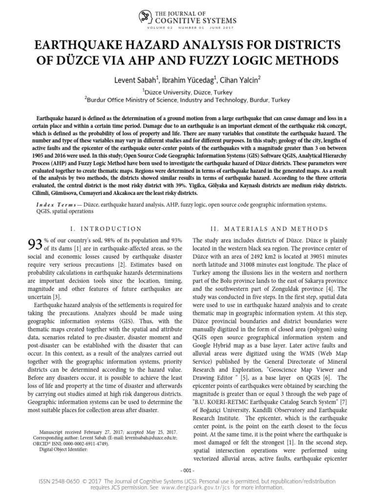 Earthquake Hazard Analysis For Districts of Düzce Via AHP and Fuzzy Logic Methods | PDF ...