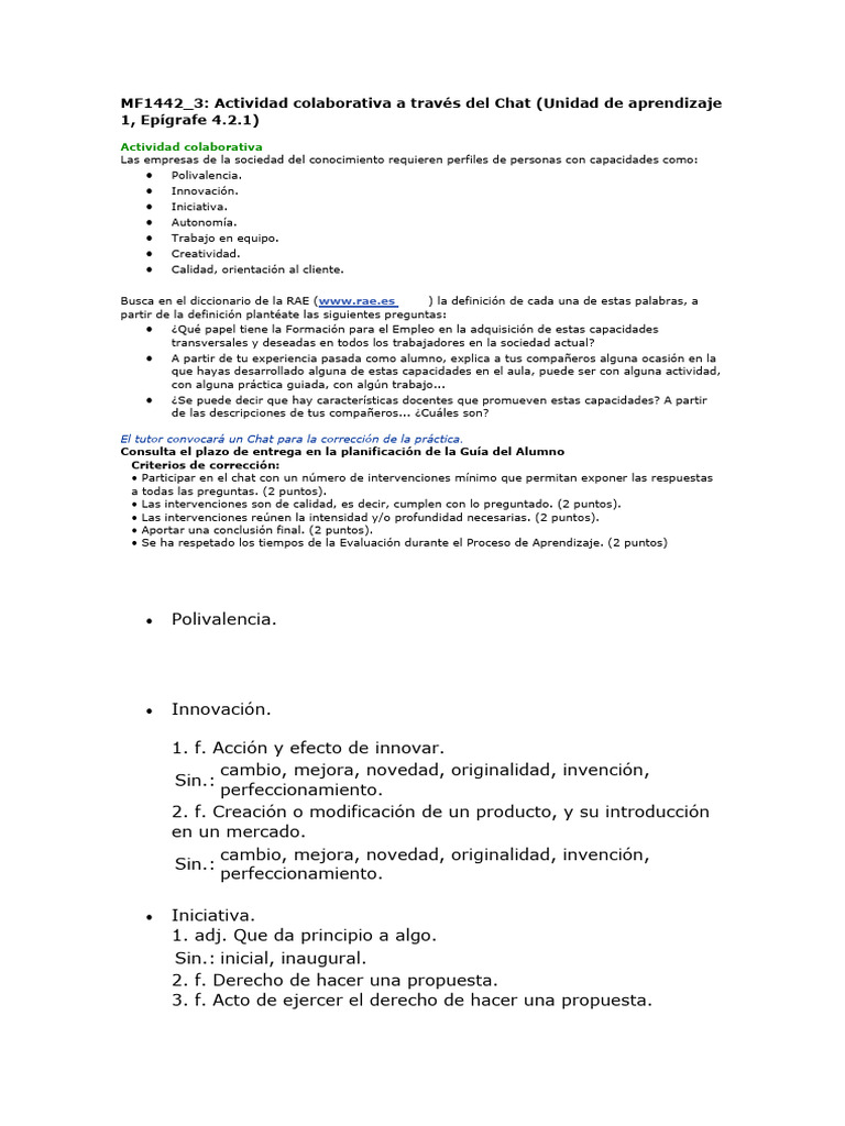 Actividad Colaborativa A Través Del Chat (Unidad de Aprendizaje 1, Epígrafe 4.2.1) | PDF | Chat ...