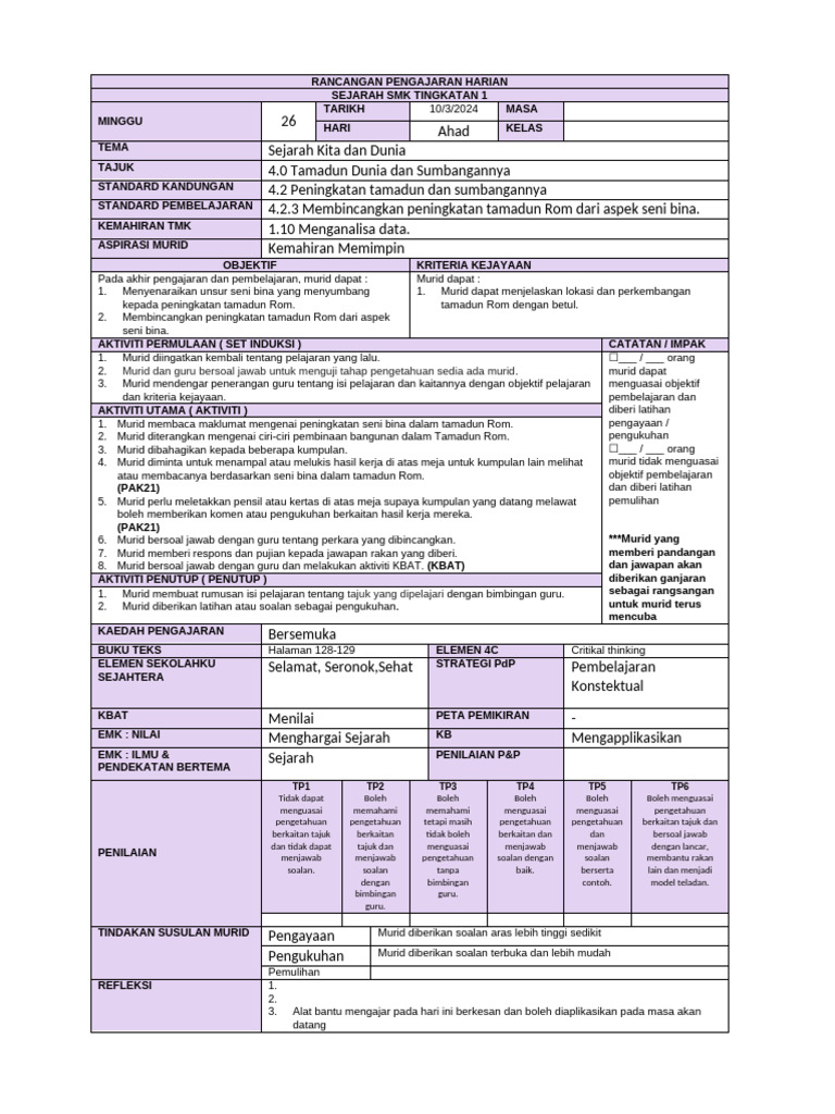 RPH SMK Minggu 26 Sejarah Tingkatan 1 2024 2025 by Cikgu Gorgeous | PDF