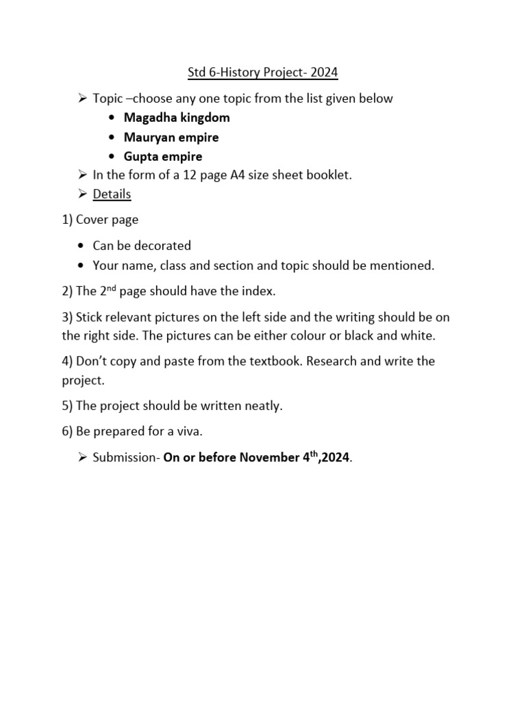 STD 6 History Project Details 1727768868 | PDF