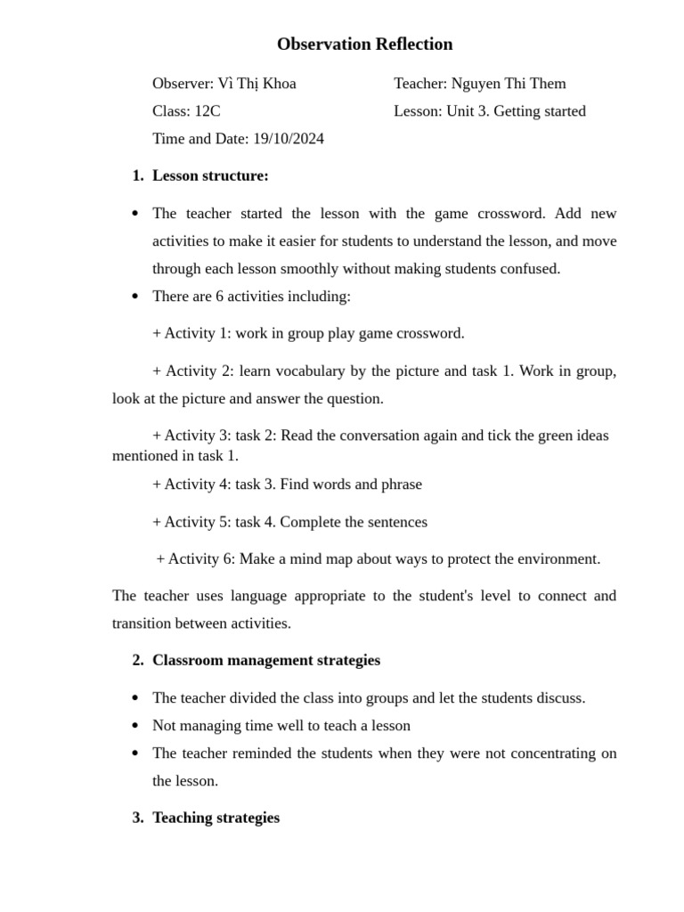 Observation Reflection - Vi Thi Khoa | PDF | Teachers | Vocabulary