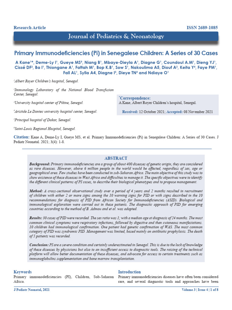 Primary Immunodeficiencies Pi in Senegalese Children A Series of 30 Cases | PDF | Medical ...