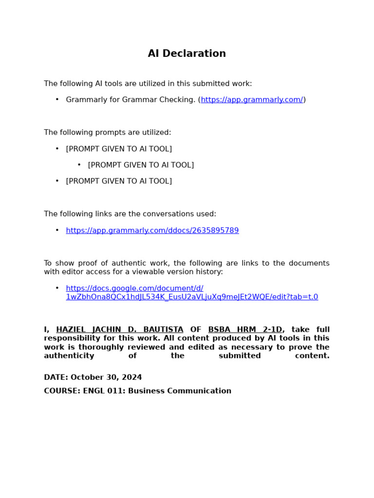 AI Use Declaration Form - Bautista | PDF