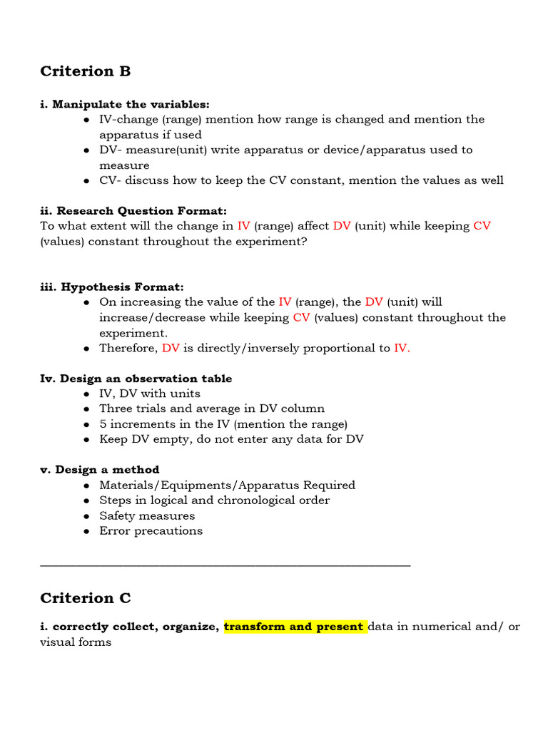 Criterion - B - C - Checklist FOR IB SCIENCES | PDF | Experiment | Data