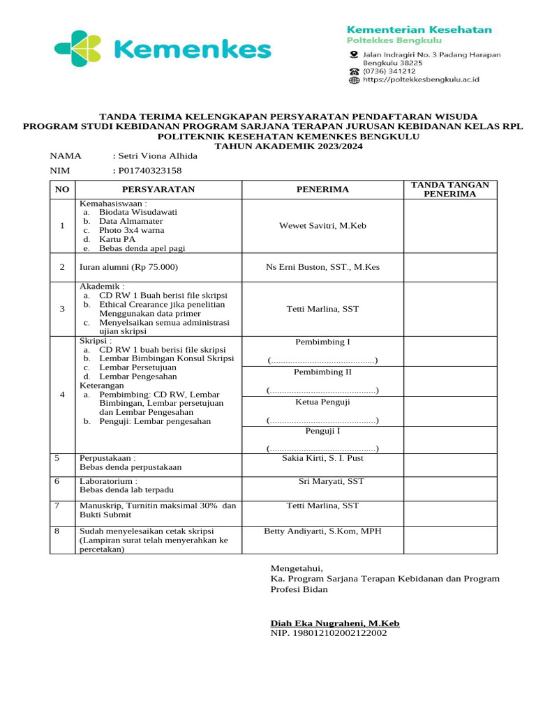 Tanda Terima Kelengkapan Persyaratan Wisuda RPL | PDF