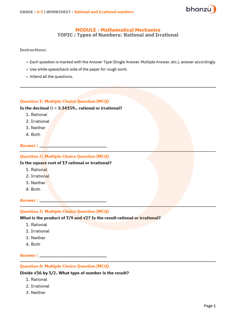 Rational and Irrational Numbers Worksheet | PDF | Rational Number ...