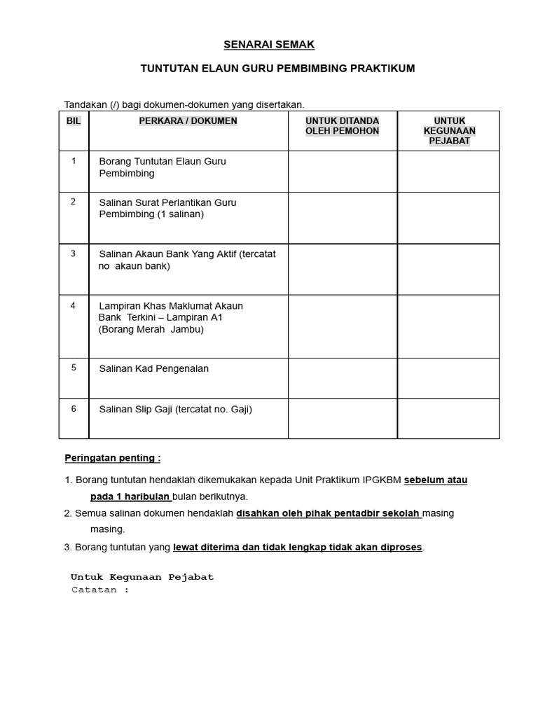 Senarai Semak Tuntutan Elaun | PDF