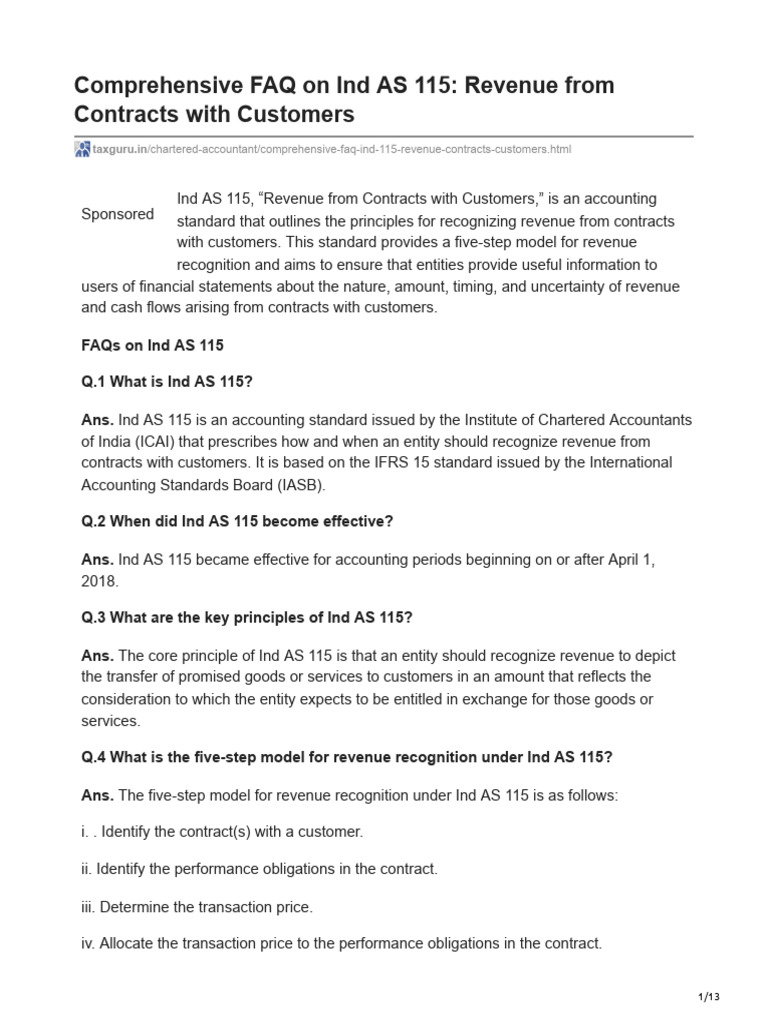 Taxguru - In-Comprehensive FAQ On Ind As 115 Revenue From Contracts ...