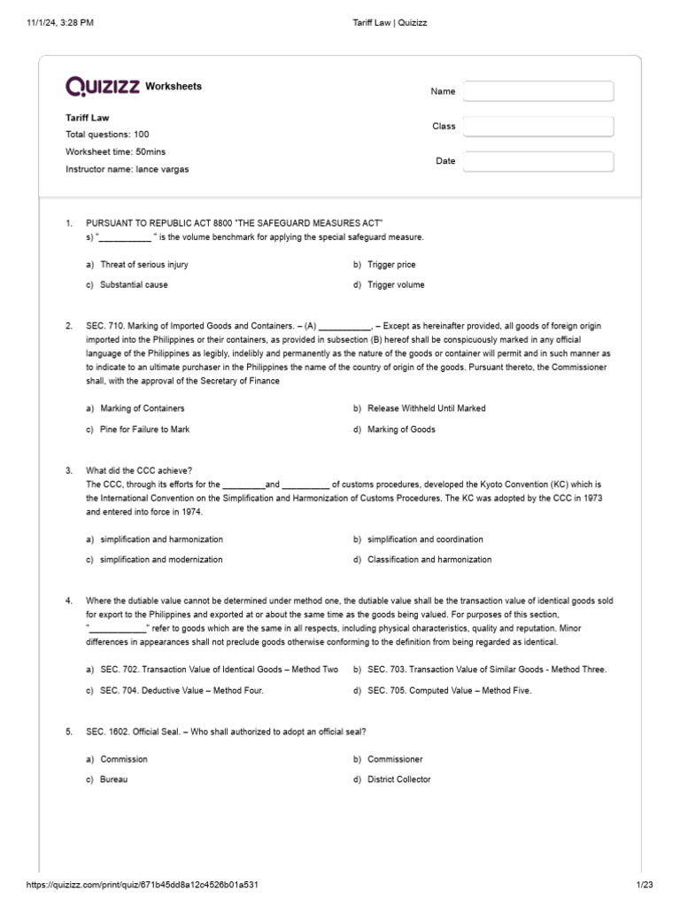 Tariff Law Worksheets and Quiz Questions | PDF | Dumping (Pricing ...