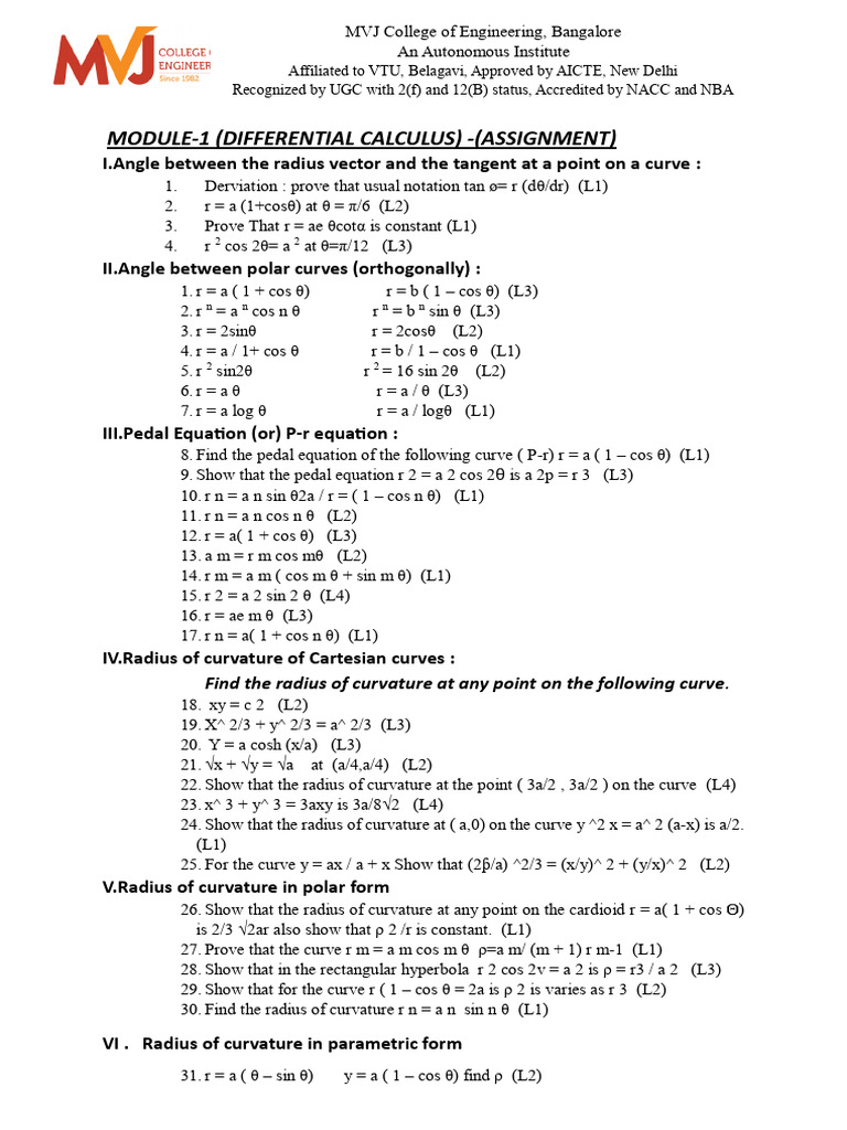 Module-1 (Differential Calculus) - (Assignment) | PDF | Curvature | Angle