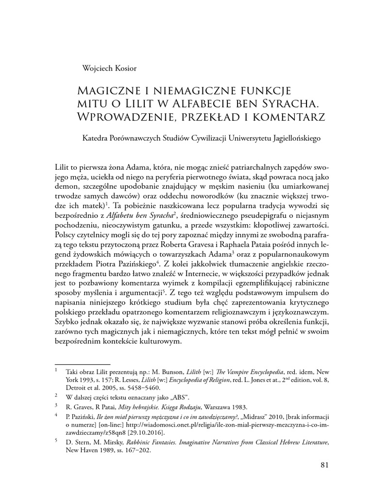Kosior Magiczne I Niemagiczne Funkcje Mitu o Lilit 2017 | PDF