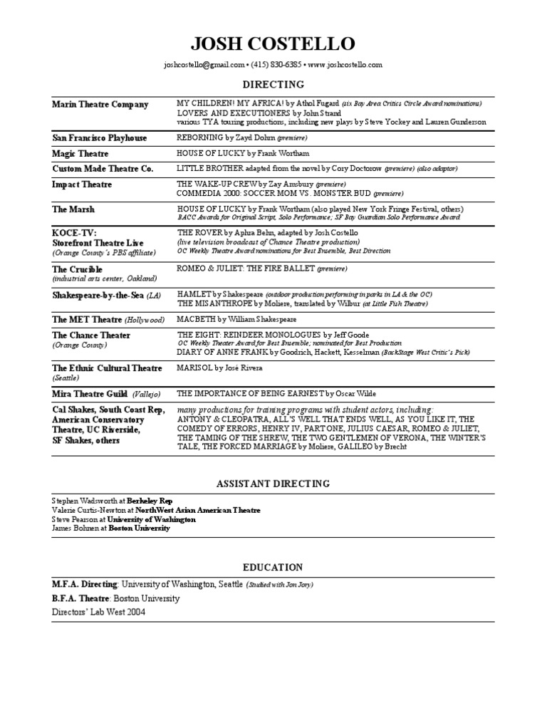 Josh Costello Directing Resume | PDF